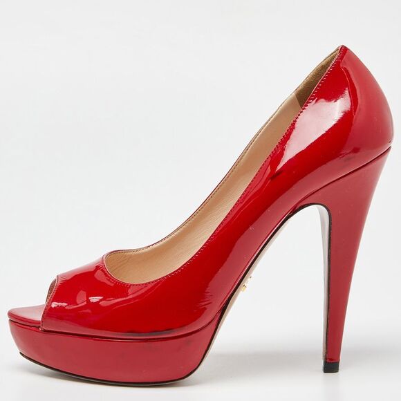 Prada | Shoes | Prada Red Patent Leather Peep Toe Platform Pumps Size ...